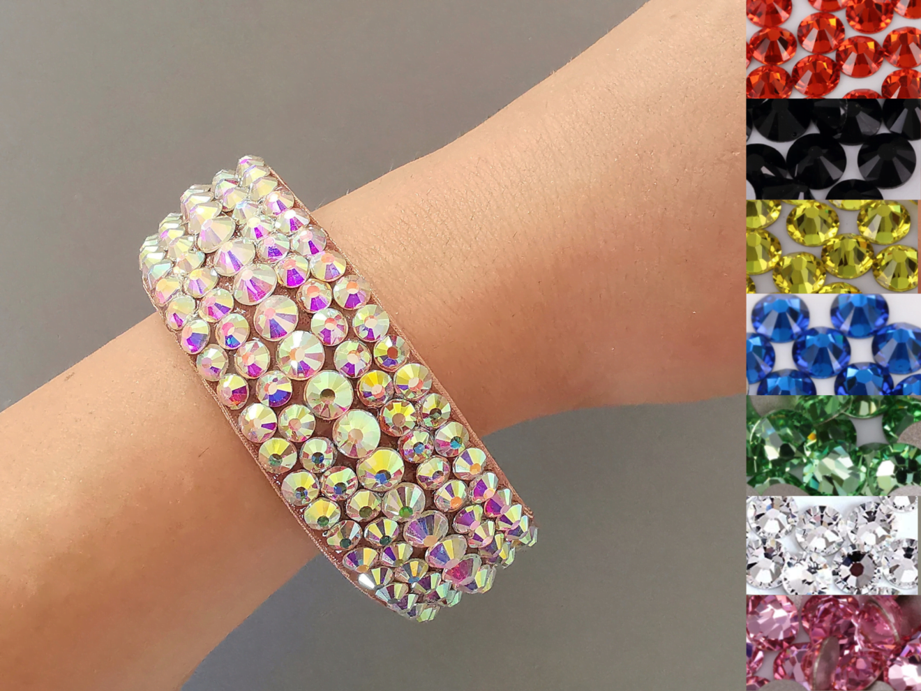 Bangle bracelet with a snap, 2 rows of stones, AB color on beige ...